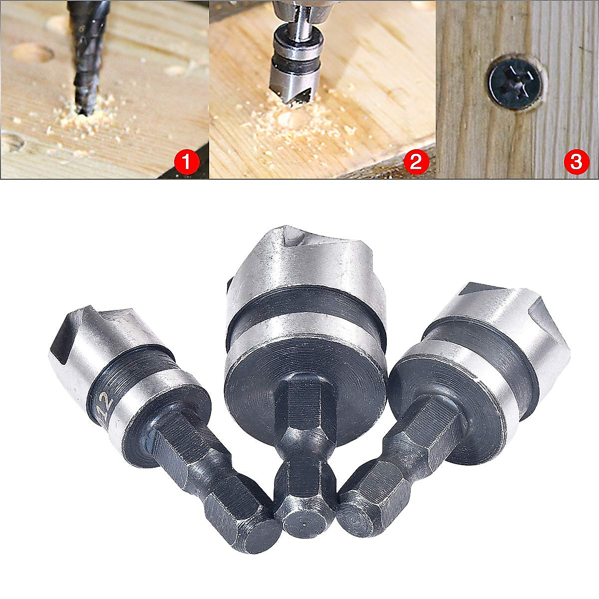 HOHXEN 3Pcs 1/4'' Hex 5 Flute 90 Degree 1/2'' 5/8'' 3/4'' Countersink Drill Bit for Wood Metal Quick Change Set