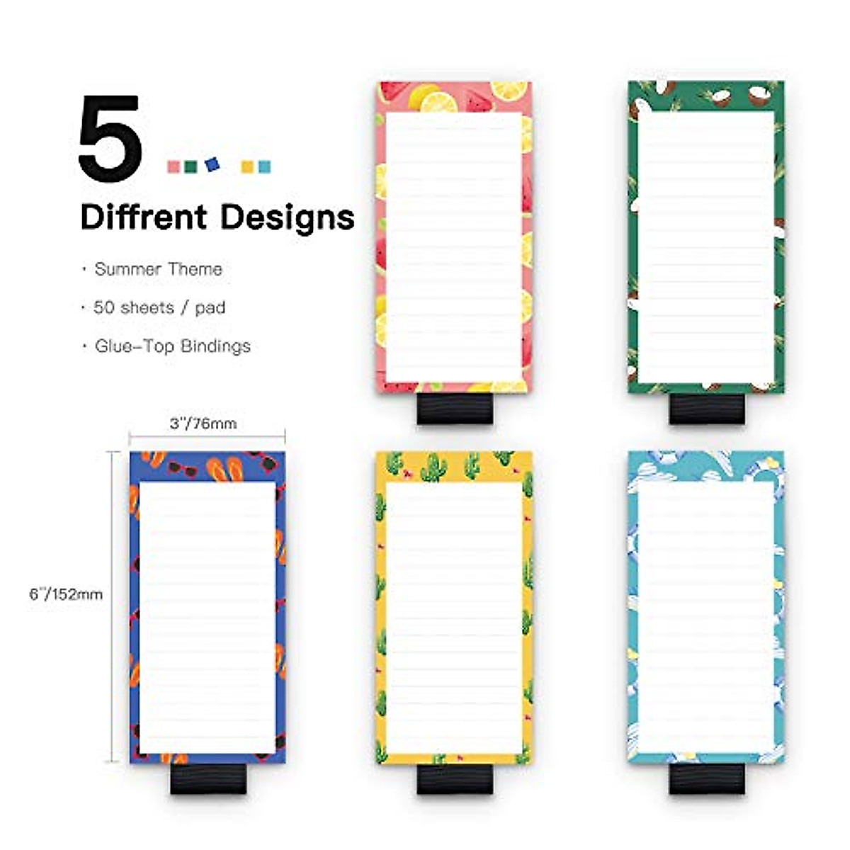 5 Pack Magnetic Notepads for Fridge with Pen Holder, Full Magnet Back Notepad, to Do List, Grocery Shopping, Summer Theme, 6" x 3", 50 Sheets, Magnet Memo Pad for Fridge, Locker, File Cabinet, etc