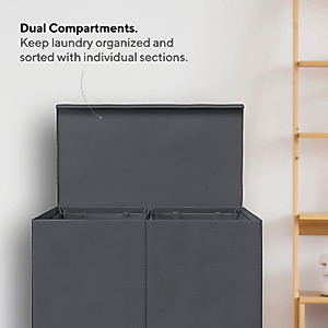 Double Laundry Hamper with Lid and Removable laundry Bags, Dirty Clothes Hamper - Collapsible Laundry Bin with 2 Compartment for Laundry Room, Bedroom, Bathroom, College Dorm, Oxford Collection, Grey