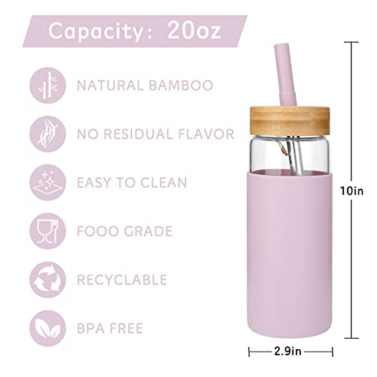Tronco 20oz Glass Water Bottle with Bamboo Lid, Reusable Glass Water Tumbler with Straw and Silicone Sleeve, Glass Boba Cup,Leak Proof, BPA Free,Dishwasher Safe