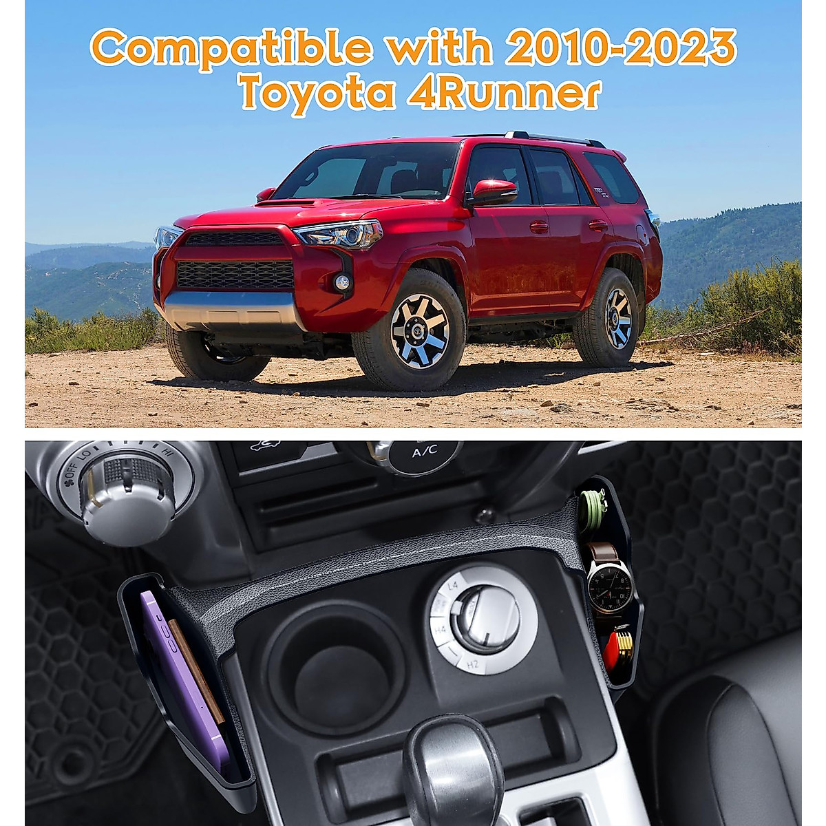 Center Console Organizer Compatible with Toyota 4Runner 2024 2023 2022 2021 2020 2010-2019, Car Interior Accessories, Shifter Storage Box, Gear Shift Console Side Tray, Coin Change Holder, Black