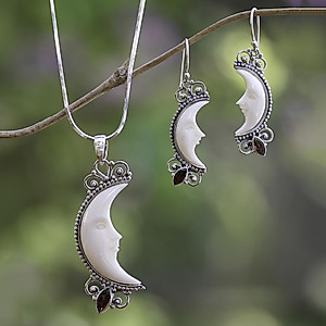 NOVICA Artisan Handmade Bone Pendant Necklace | Garnet Pendant Necklace for Women | Crescent Moon Pendant Necklace | .925 Sterling Silver Pendant Necklace | Artisan Pedant Necklace