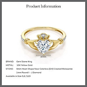 Gem Stone King 10K Yellow Gold Heart Shape White Moissanite and White Diamond Solitaire Irish Celtic Claddagh Ring For Women (0.86 Cttw, Available in size 5, 6, 7, 8, 9)