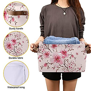 Cherry Blossom Basket Large Foldable Storage Bin Pink Flowers Canvas Toys Box Fabric Decorative Collapsible Organizer Bag with Handles for Bedroom Home