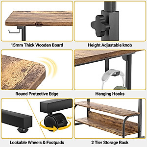 32" Height Adjustable Standing Desk with Power Outlets - Manual Rolling Stand Up Desk with Wheels Small Portable Computer Desk Mobile Laptop Table with Storage Shelves for Home Office, Rustic