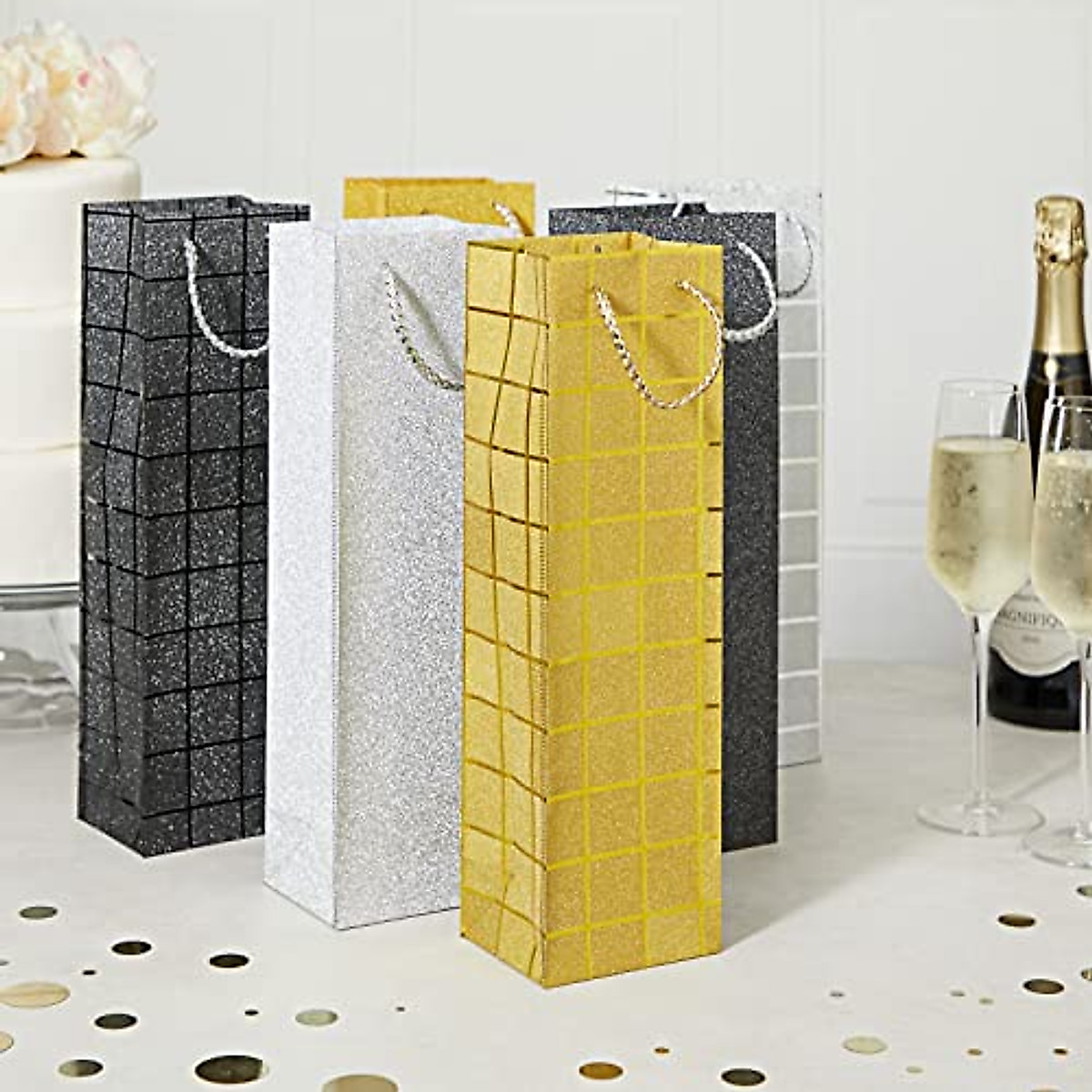 Juvale 6 Pack Foiled Glitter Wine Bottle Gift Bags with Handles for Holidays, New Years, Birthdays (Silver, Black, Gold, 3.8 x 14 x 3.3 In)
