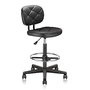 KLASIKA PU Faux Leather Drafting Rolling Stool Chair with Seat Height Adjustable 30 inch Fixed Back Support Adjustable Foot Ring for Office Home Plaid Checked Pattern (1 Pack-New)