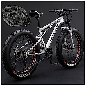 NENAGGE Fat Tire Mountain Bike 26 Inch Wheel 27 Speed Snow Mountain Bicycle for Men and Women, High Carbon Steel Frame Off-Road Bike with Daul Disc Brakes for Outdoor Sports, Silver