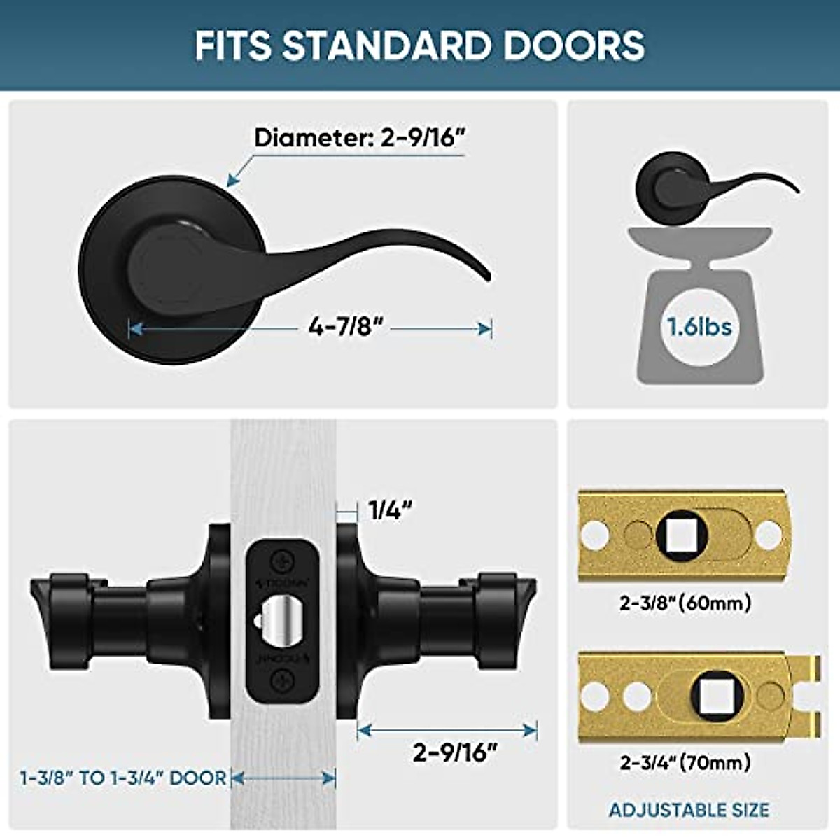 TICONN Black Door Handle, Traditional Wave Style Matte Black Reversible Door Lever for Interior Doors and Closet (Passage, 1-Pack)