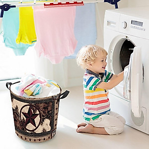 Rustic Western Country Texas Star Cowboy Cowgirl Round Laundry Hamper Storage Basket Waterproof Coating Organizer Bin For Clothes Toys