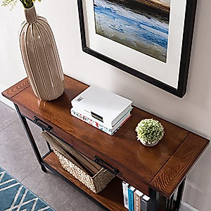 Leick Home Ironcraft Rustic Two Drawer Hall Sofa Shelf, Mission Oak and Black Metal, Console Table