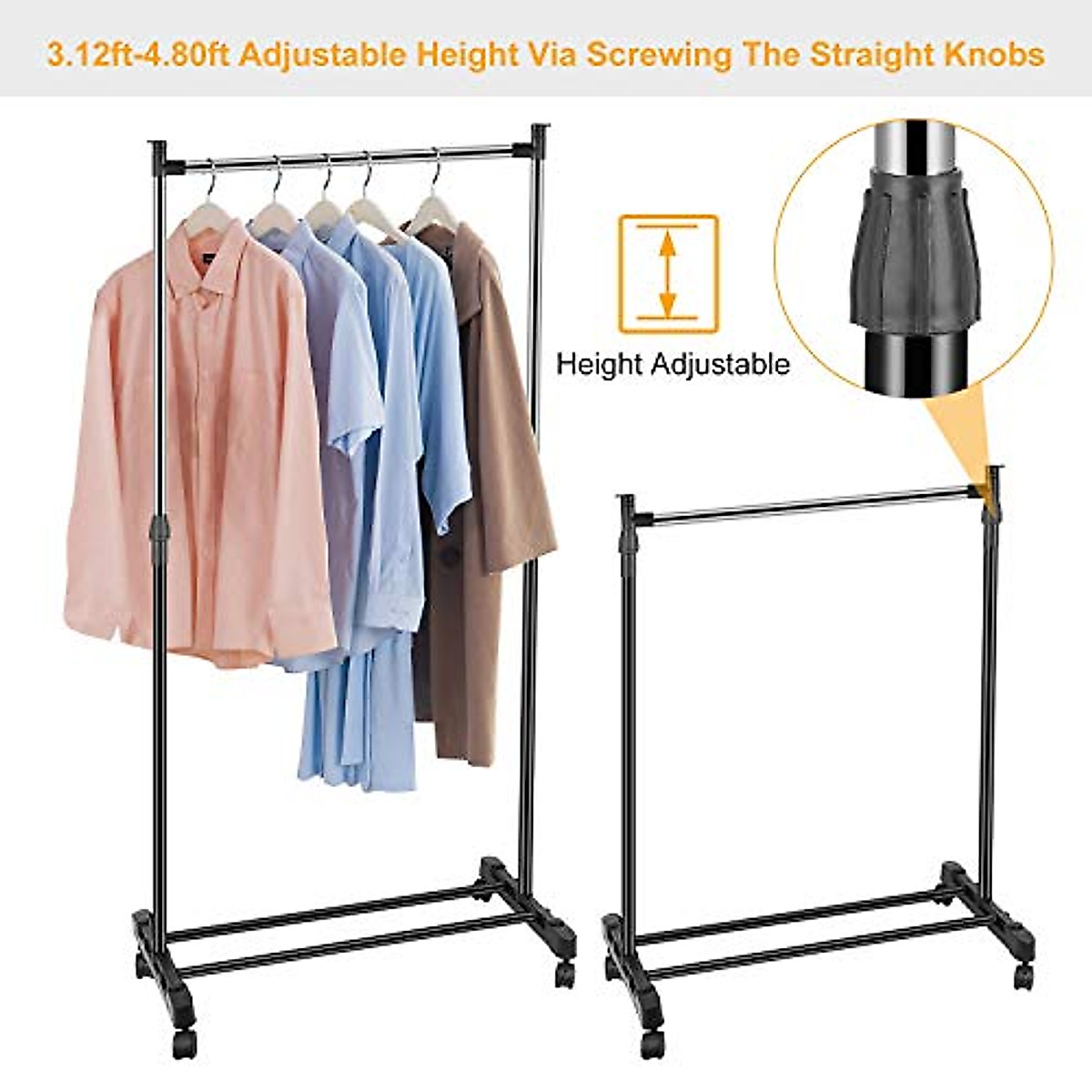 KOCASO Portable Ajustable Height Clothing Rack, Simple Rolling Clothing Rack Standard Rod Portable Small Garment Racks Metal Clothes Organizer with Lockable Wheels for Home Bedroom Balcony,Kids