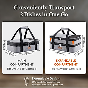 Lifewit Insulated Double Casserole Carrier Thermal Lunch Tote for Potluck Parties, Picnic, Beach, Fits 9 x 13 Inches Casserole Dish, Expandable by Mid Zipper, Grey