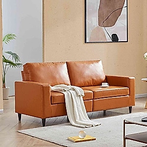 Cotoala PU Leather Sofa, Modern Upholstered 3 Seat Sectional Couch Furniture for Living Room, Home, Solid Frame and Wood Legs-Brown
