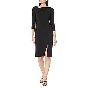 Calvin Klein 3/4 Sleeve Scuba Crepe Sheath Dress with Asymmetrical Neckline & Slit Black 12
