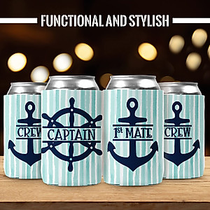 The Navy Knot Personalized Can Cooler Sleeves - Slim Cans Beverage Foldable Cooler Sleeves, Sweat-Proof Can Huggers for 12oz Beverage Bottles, Cool Boat Accessories, 4 Pk (Nautical Captain & Crew)