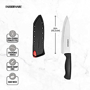 Farberware Edgekeeper 6-Inch Chef Knife with Self-Sharpening Blade Cover, High Carbon-Stainless Steel Kitchen Knife with Ergonomic Handle, Razor-Sharp Knife, Black