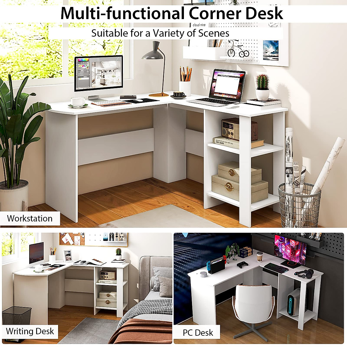 Tangkula White L Shaped Desk with Storage Shelves, Wooden Corner Computer Desk, Space-Saving Home Office Workstation, Gaming Desk, Writing Study Desk, L Shaped Office Desk