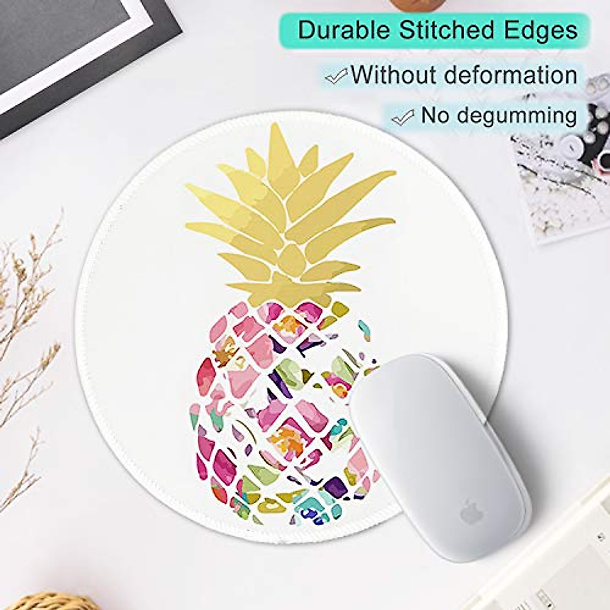 ITNRSIIET Mouse Pad with Design, Small Custom Mouse Mat for Women and Girls, Enhanced Thickness, Dual Stitched Edges, Ultra Soft, Cute Round Mousepad for Computer Office Gaming Laptop Mac, Pineapple