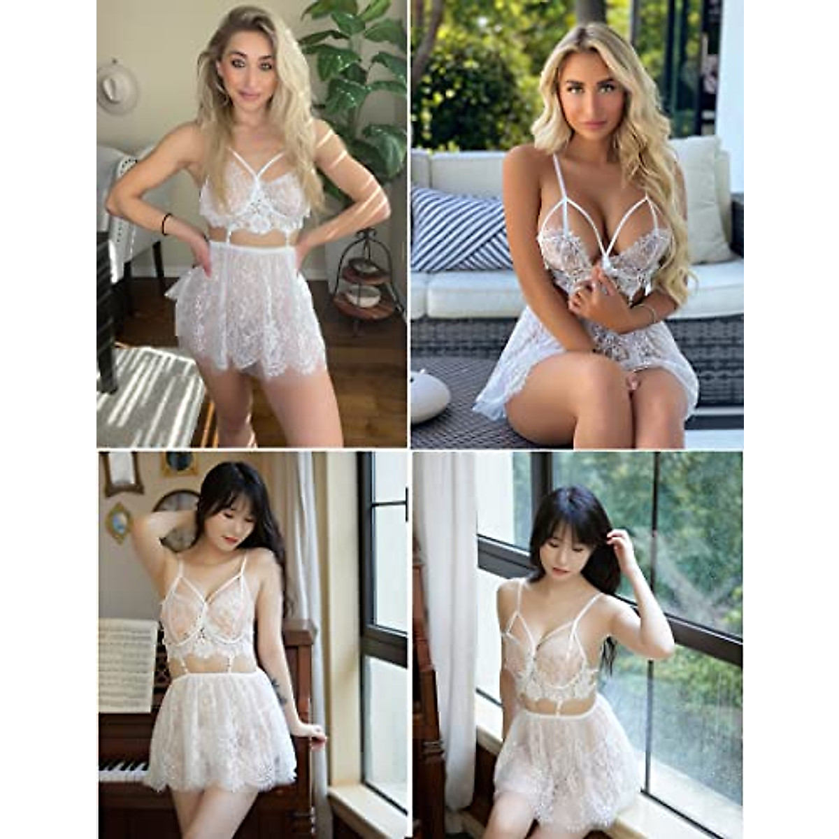 Avidlove Womens Babydoll Lingerie Lace Sleepwear Nightgown Dress White Large