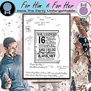 Framed Sweet 16 Birthday Decorations for Boy or Girl 12"X16" With Pen & Wall Hanger, 16th Birthday Decorations Party Favor Sign Poster, Guest Book Alternative, Jumbo Sweet 16 Card for Boys & Girls