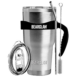 MalloMe BEARCLAW Insulated Tumbler With Handle & Straw - Stainless Steel Tumblers Coffee Travel Mug - Reusable Insulated Cup for Water with Brush, 2 Lids & Straws - Splash-Proof 30 Oz Silver