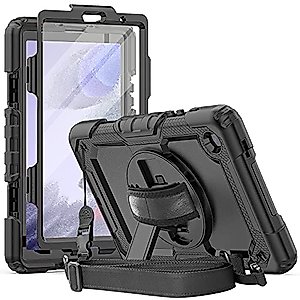 Herize Case Compatible with Samsung Galaxy Tab A7 Lite 2021 with Screen Protector | Heavy Duty Case SM-T225/T220 | Full Body Shockproof Sturdy Rugged Rubber Protective Case W/Hand Strap Shoulder Strap