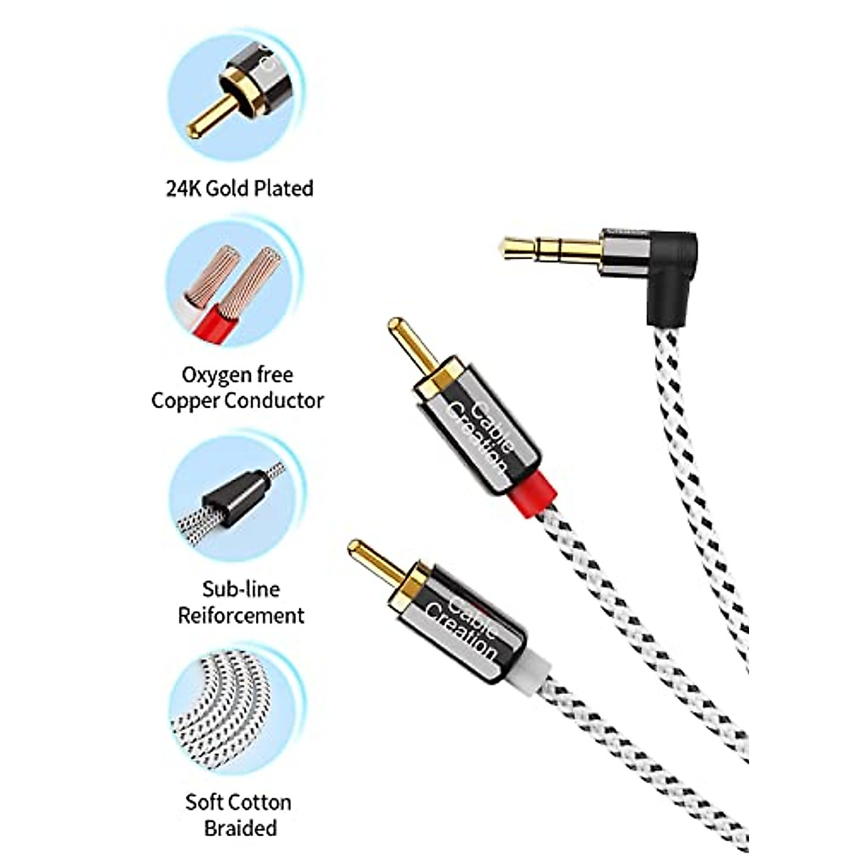 CableCreation 3.5mm to RCA Cable 10FT, Angle 3.5mm Male to 2RCA Male Auxiliary Stereo Audio Y Splitter Gold-Plated for Smartphones, MP3, Tablets, Speakers, Home Theater, HDTV, 3M