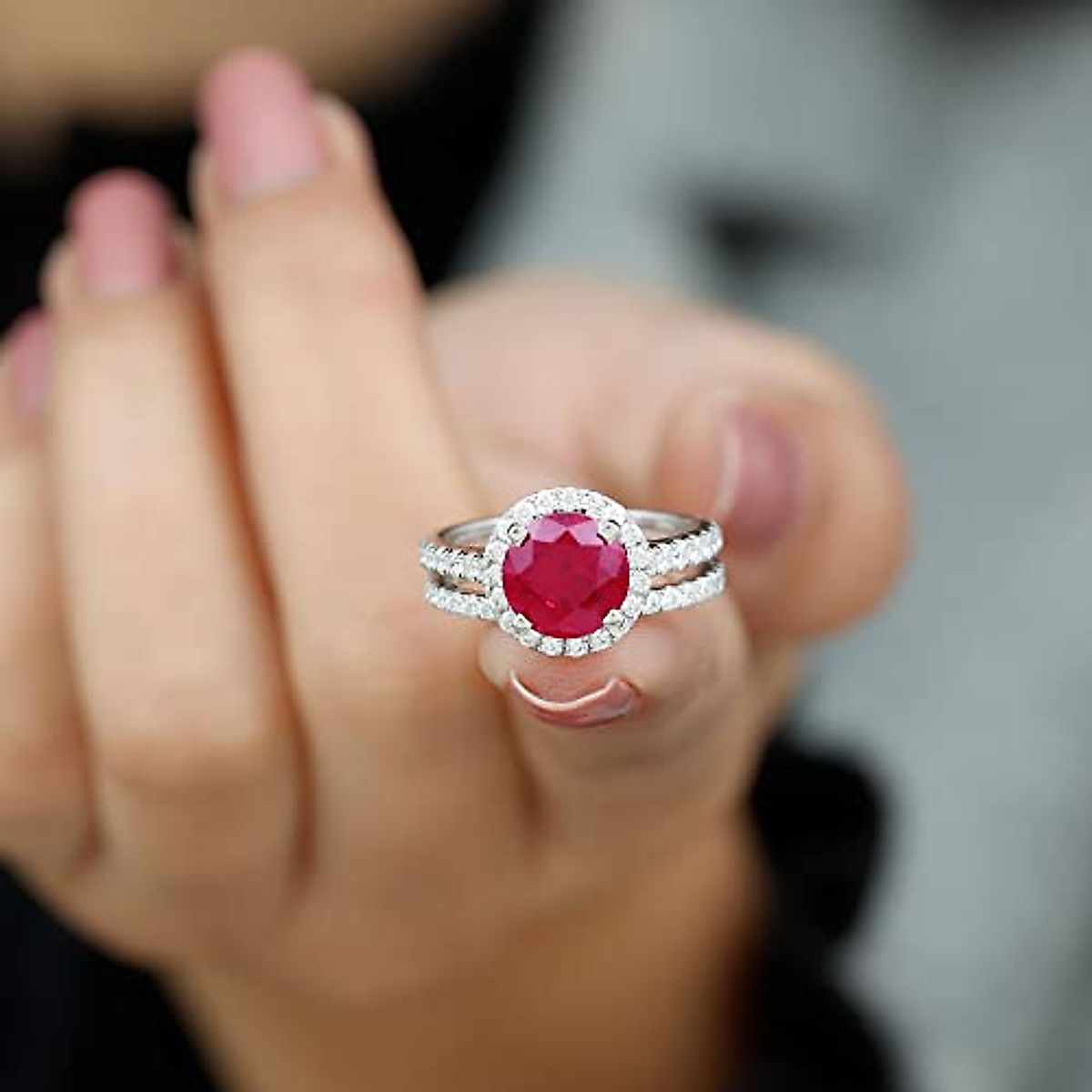 Lab Created Ruby Bridal Wedding Ring Set with D-VS1 Moissanite | 8 MM | AAAA Quality, 14K White Gold, Size:US 5.50