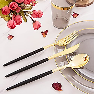 Supernal 180pcs Black Plastic Dinnerware Set,Black Plastic Plates,Clear Plastic Plates with Gold Rim,Gold Plastic Silverware,Black Clear Gold Cups for Christmas, Thanksgiving, Halloween