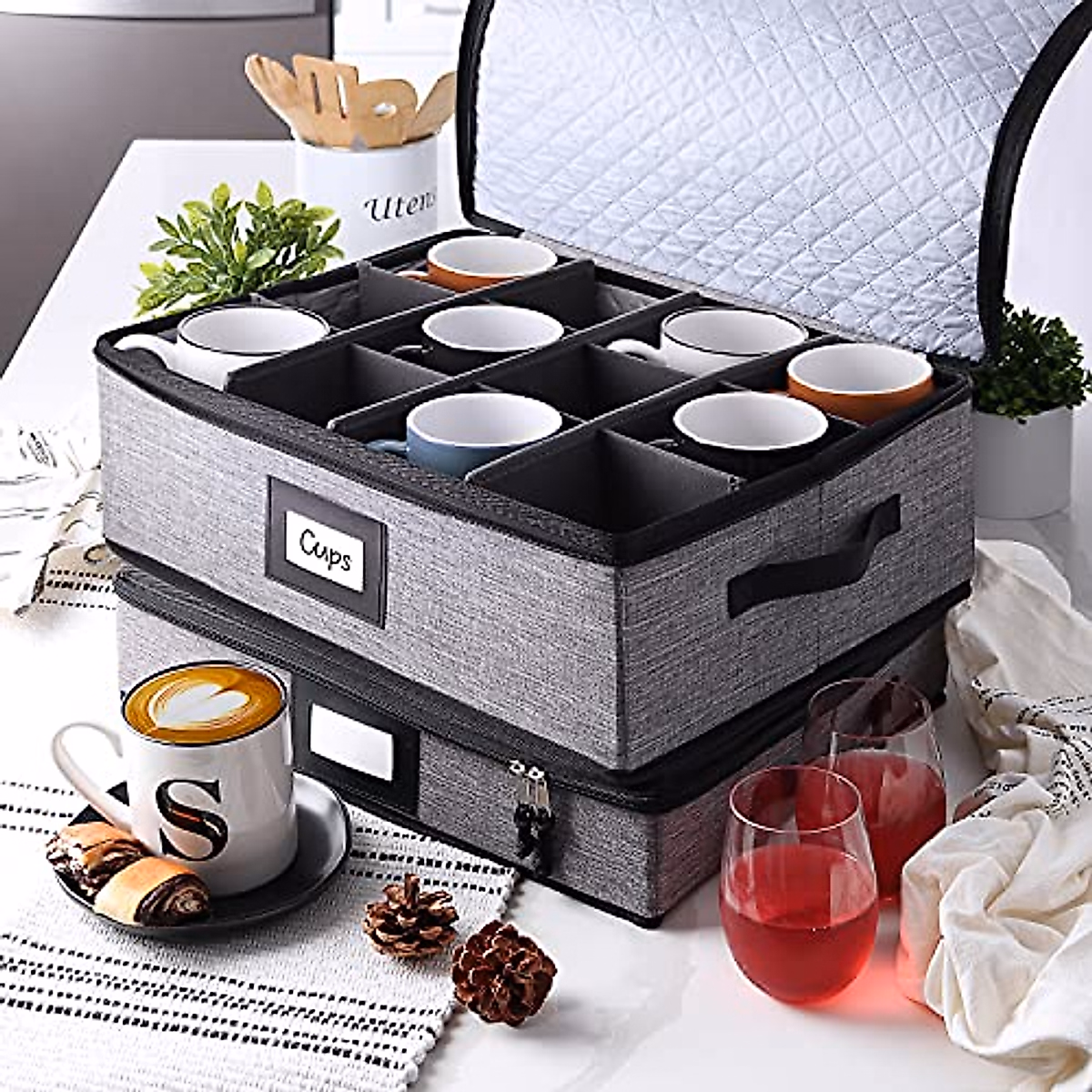 Mug Storage, Stackable Coffee Cup Storage Organizer for a Set of 12 - Padded Mug Storage Box with Dividers, China Storage Containers Hard Shell with Handles & Zippers for Easy Storage & Transport