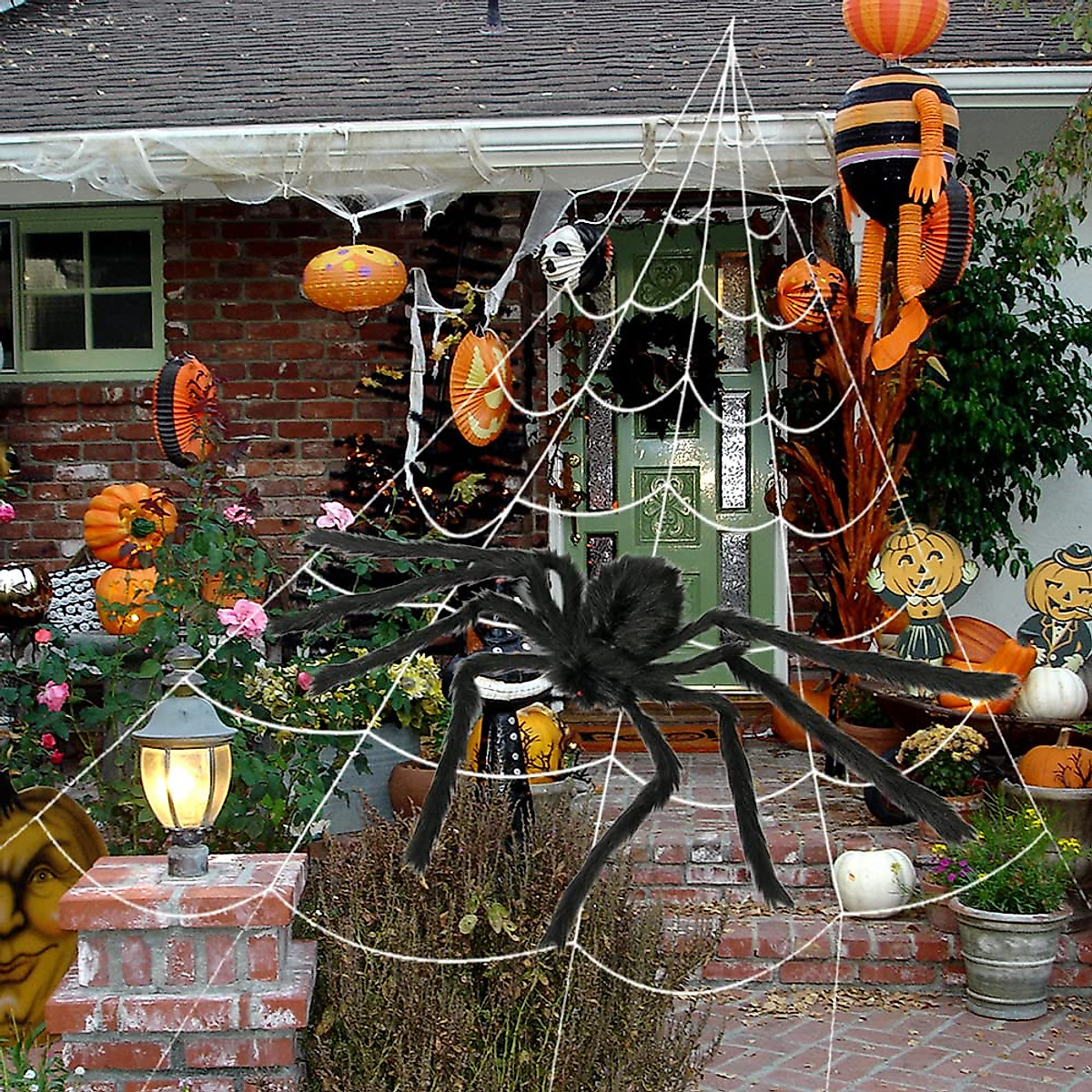 Halloween Decorations 276" Halloween Spider Web + 59" Giant Halloween Hairy Spider with Triangle Huge Spider Web for Indoor Outdoor Halloween Decoration Yard Lawn Home Party Haunted House Decor