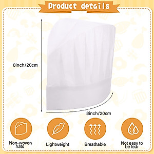 60 Pack 8 Inch Kids White Chef Hats Non Woven Chef Toques Chef Caps Kitchen Chef Caps for Baking Cooking Home Kitchen School Pizza Party Supplies, Large