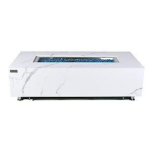 Elementi Plus Carrara Outdoor Table 59.8 Inches Fire Pit Patio Heater Marble Porcelain Firepits Outside Electronic Ignition Backyard Fireplace Cover Fire Glass Included Natural Gas