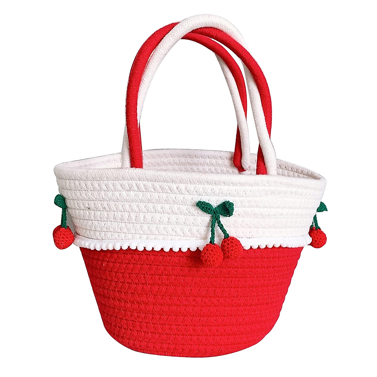 LOHGOU Women Girls Handwoven Cotton Handbag Cute Cherry Tote Bag Summer Beach Purse (Red)