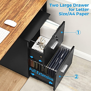 GreenForest File Cabinet 2 Drawers Wooden Vertical Filing Cabinet with Lock Rolling Mobile Office Pedestal File Cabinet for Hanging File Folders Home Office Storage Cabinet, Black