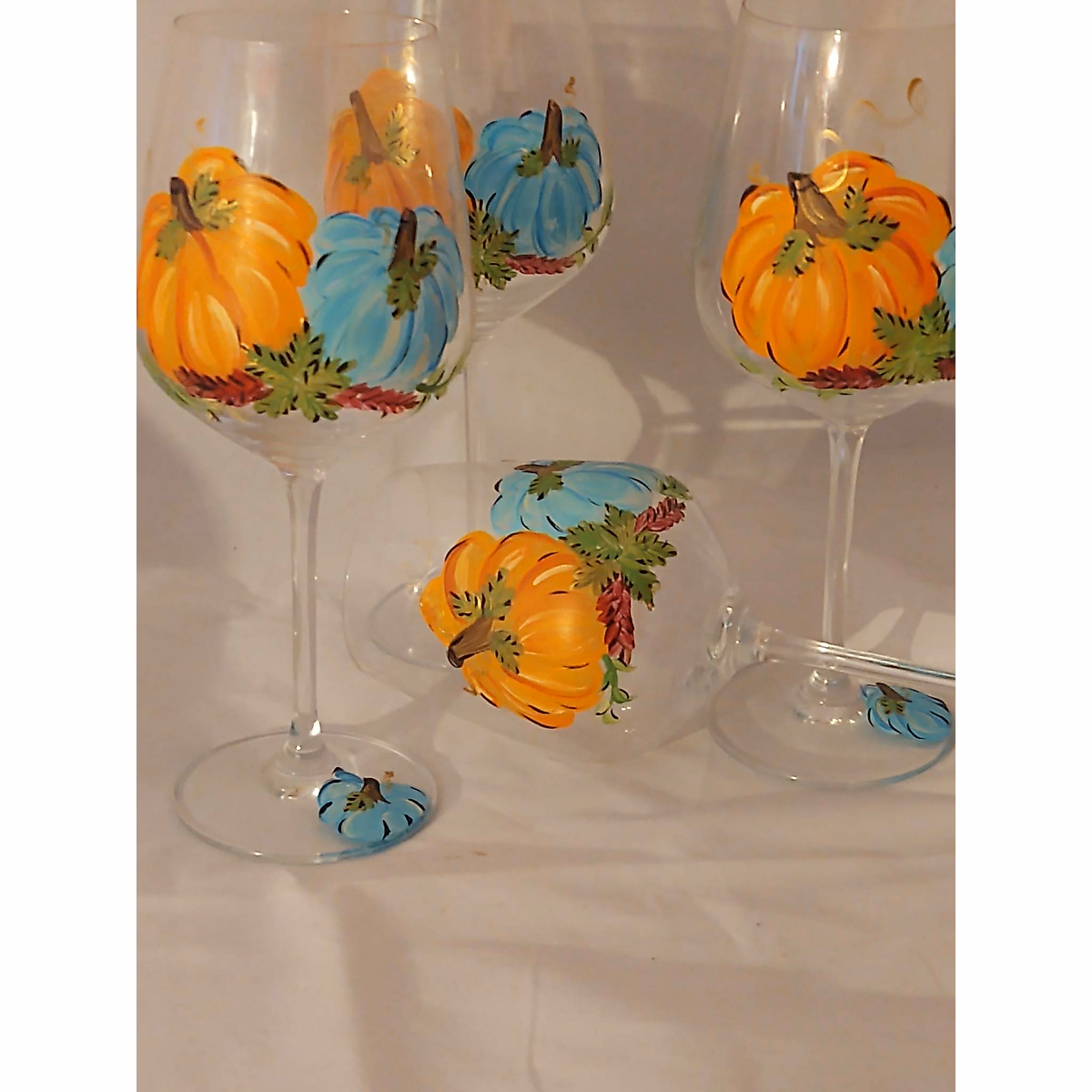 Hand painted autumn pumpkins goblets. set of 4 20 ounce white wine gobblets. usa