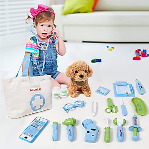 Meland Toy Doctor Kit for Kids - Pretend Play Doctor Set with Dog Toy, Carrying Bag, Stethoscope Toy & Dress Up Costume - Doctor Play Gift for Kids Toddlers Ages 3 4 5 6 Year Old for Role Play