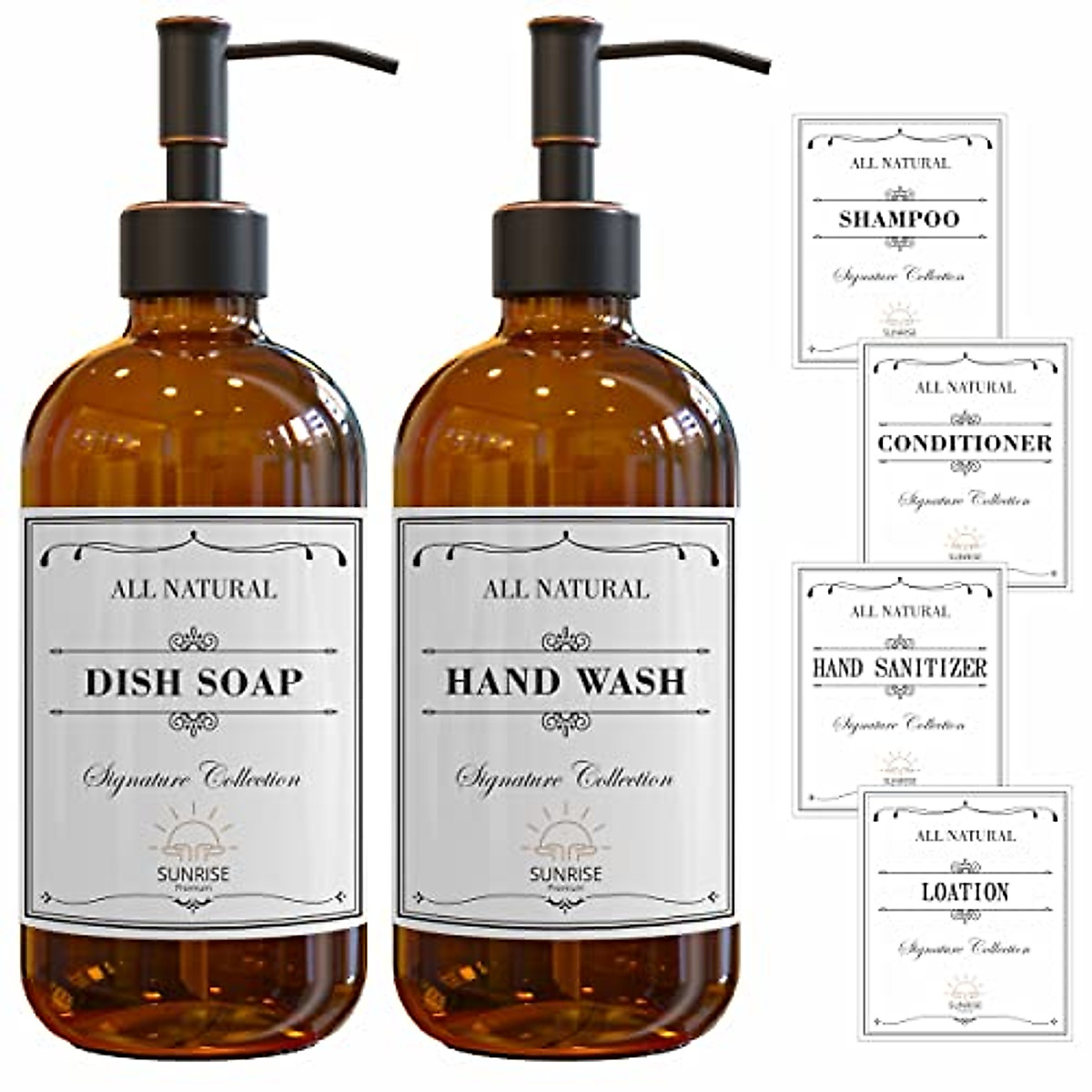 Sunrise Premium 2 Pack Amber Glass Soap Dispenser 16 OZ with Oil Rubbed Bronze Stainless Steel Pump, Hand and Dish Soap Dispenser Set for Bathroom and Kitchen Sink with 6 Waterproof Labels