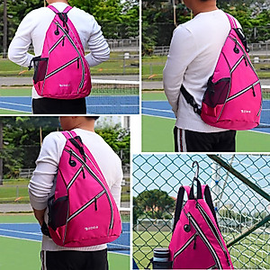 ZOEA Pickleball Bag, Sport Pickleball Sling Bag for Women Man, Adjustable Pickleball Backpack with Water Bottle Holder, Fits 4 Paddles and All Your Other Gear (Rose Red)