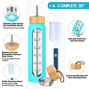 SipZest 32 oz Glass Water Bottles with Straw - Motivational Glass Water Bottle with Time Marker & Silicone Sleeve - Reusable Glass Tumbler Includes 2 Bamboo Lids & Fruit Infuser - 1 Pack