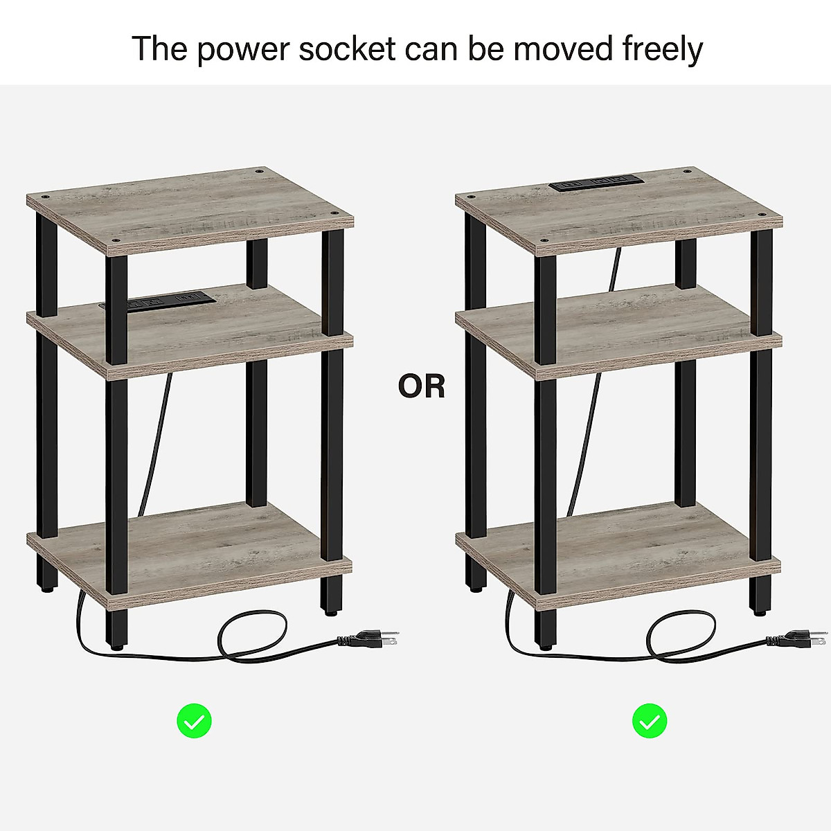 TUTOTAK Set of 2 End Table with Charging Station, Side Table with USB Ports and Outlets, Nightstand, 3-Tier Storage Shelf, Sofa Table for Small Space TB01BG0422