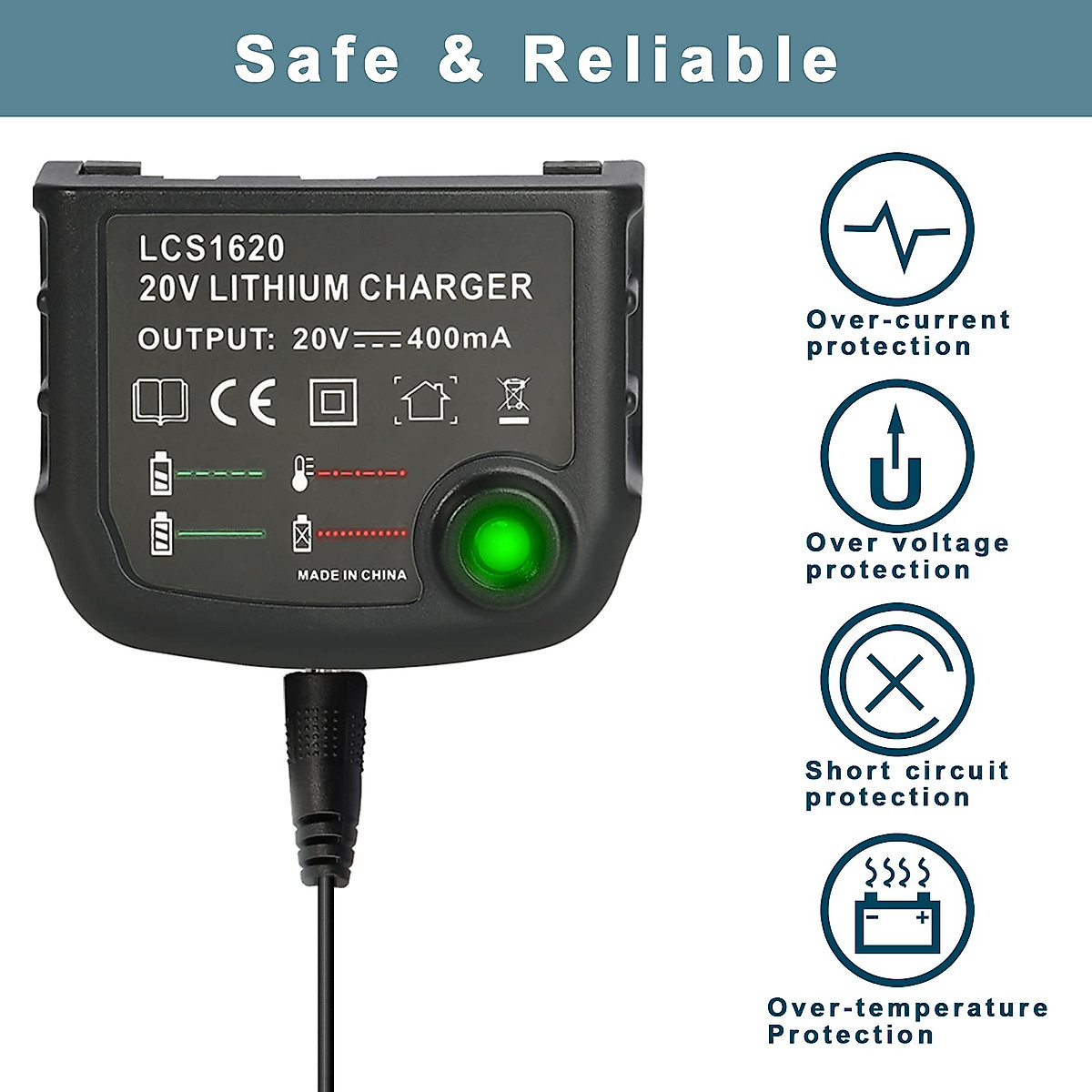 KUNLUN LCS1620 20V Lithium Battery Charger - Compatible for Black & Decker 16V 20V Lithium Battery LBXR20 LBXR20B LBXR20-OPE LB20 LBX20 LBX4020 LB2X4020 LBXR2020-OPE BL1514 LBXR16 LST220