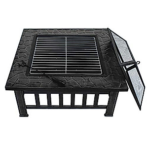 JupiterForce 32" Outdoor Metal Fire Pit Square Metal Firepit Stove for Backyard, Patio, Garden, Bonfire, Camping and Picnic with Rainproof Cover, Black