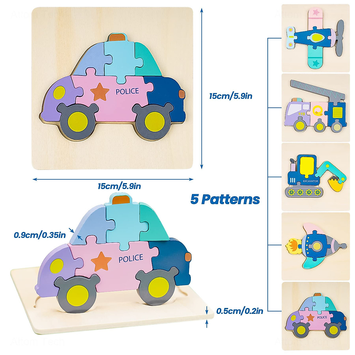 NiToy Wooden Jigsaw Puzzles for Kids, 5 Pack Vehicle Shapes Montessori Building Block Puzzle Toys for 3+ Years Old Boys and Girls Preschool STEM Early Learning Educational Games Gift for 36 Months+