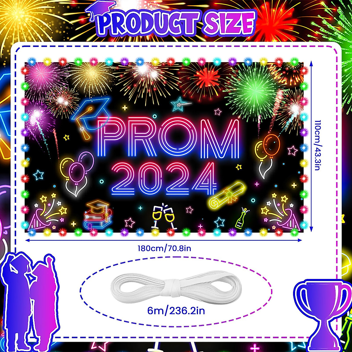 Glow Graduation Party Decorations Banner, Neon Prom 2024 Congrats Grad Banner Backdrop Photo Background with LED light for Class of 2024 Graduation Party Supplies Decor High School College Outdoor Indoor