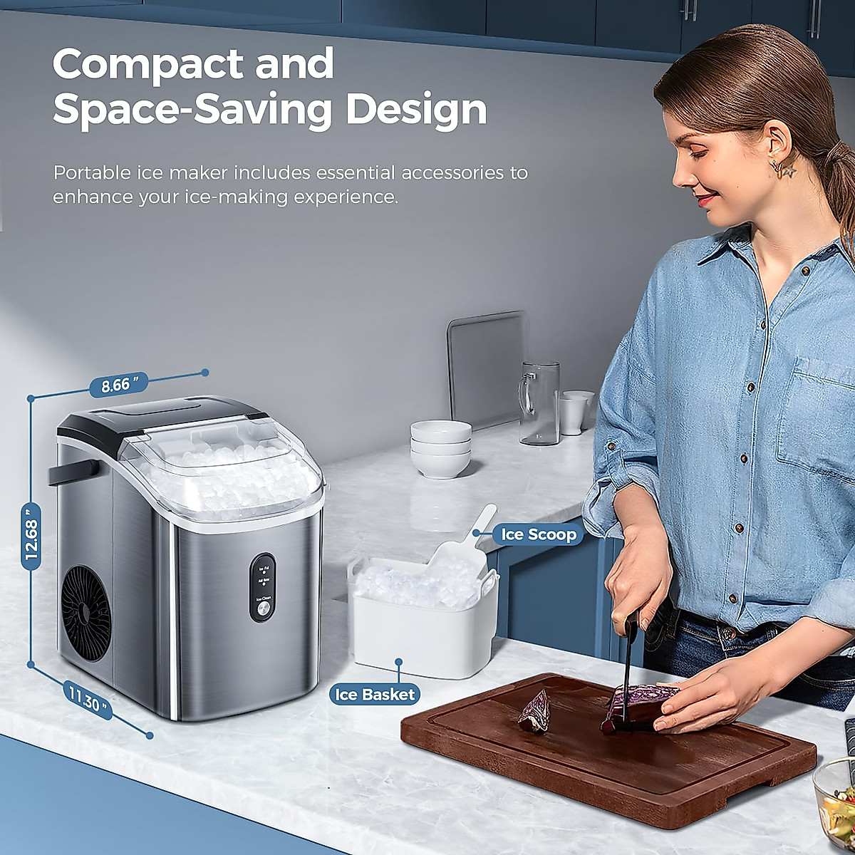 AGLUCKY Nugget Ice Maker Countertop, Portable Pebble Ice Maker Machine, 35lbs/Day Chewable Ice, Self-Cleaning, Stainless Steel, Pellet Ice Maker for Home/Kitchen/Office (Silver)