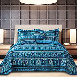 TWINRUN Boho 2 Quilt Sets King Size,Microfiber King Reversible Coverlets+Cotton Lightweight Quilted Bedspread Set
