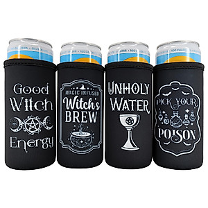 Witchy 12oz Slim Can Coolers - Stocking Stuffer Gothic Gift for Women, Adult Boo Basket for Her, Goth Car Accessories, Insulated 12 oz. Tall Skinny Can Cooler, Funny Witch Stuff Slim Can Sleeves