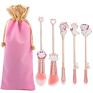 Marie Cartoon Cat Makeup Brushes - 5pcs Cute Animal Designed Soft Pink Makeup Brushes Set, Professional Cosmetic Tool Kit Pink Drawstring Bag Included for Girls and Women (5PCS)